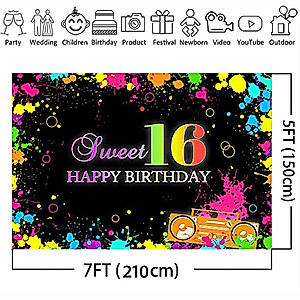 Avezano Sweet 16 Backdrops Neon Glow in The Dark Happy 16th Birthday Party Banners Decorations Graffiti 16th Birthday Parties Backgrounds(7x5ft)