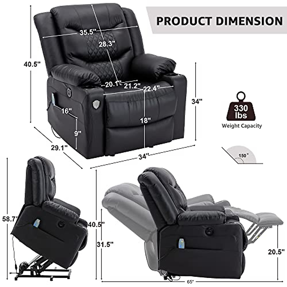 EVER ADVANCED Power Lift Recliner Lift Chairs Recliners for Elderly,Infinite-Position Lift Chair to 150 Degree,Heat and Massage by Remote Control,Cup Holders & USB in Bedroom or Living Room,Black