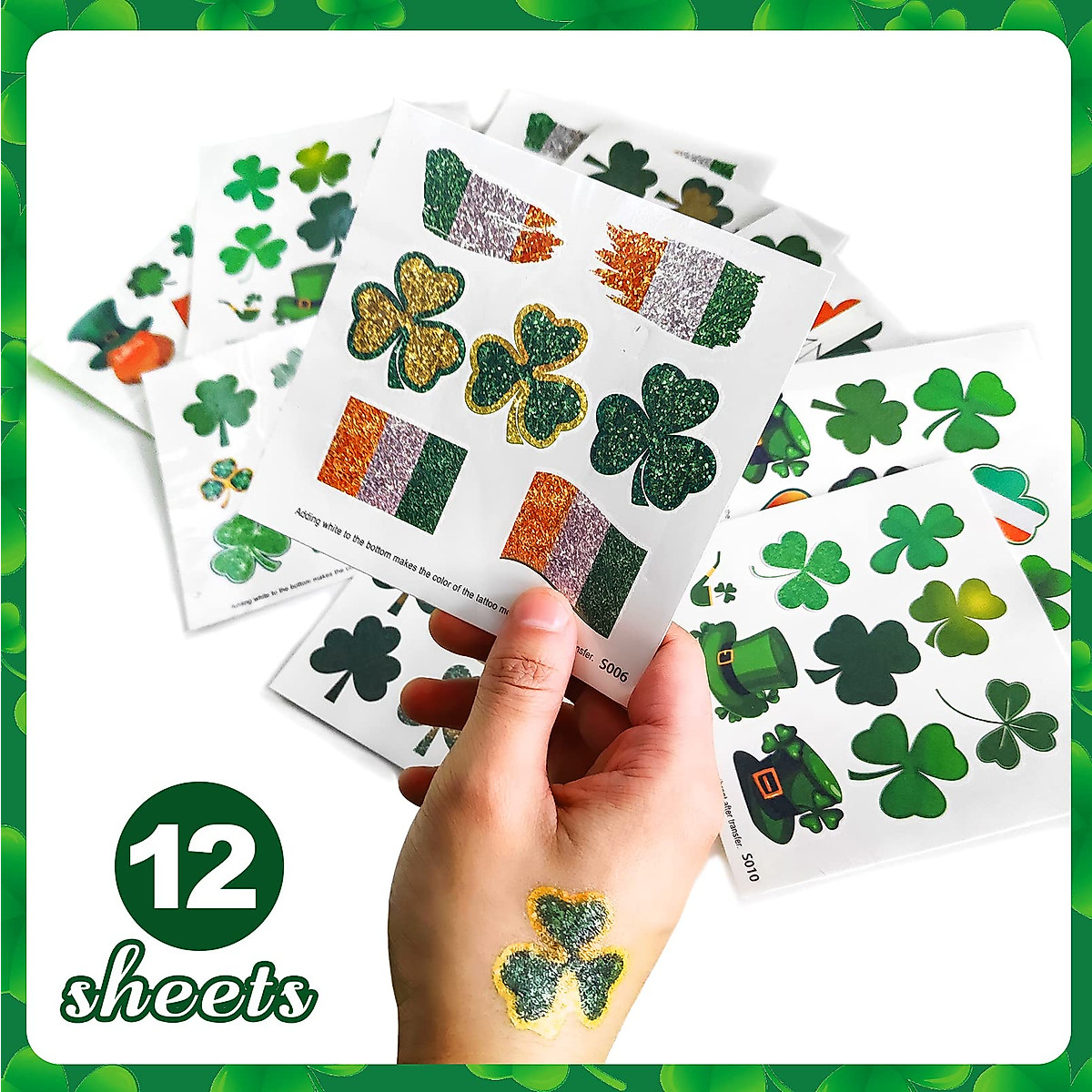 CUTELIILI St. Patrick's Day Temporary Tattoo 100+pcs, Party Favours Irish Flag Shamrock 12 Sheets Face Stickers For Audlts And Kids