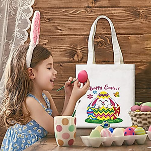 6 Pcs 13.4" X 14.2" Large Easter Tote Bags for Kids Canvas Easter Egg Hunt Bag Basket with Handle Reusable Easter Canvas Totes Spring Party Favor Supplies