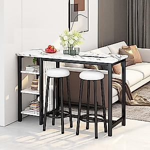 Lamerge Kitchen Counter Height Table and Stools Set for 2, 4-Tier Compact Dining Table, White Faux Marble Top and 2 PU Leather Upholstered Seats, Modern Dining Room Furniture for Home/Studio/Office