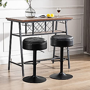 Round Storage Bar Stool Set of 2, Black Faux Leather Height Adjustable Barstool, 360°Counter Height Swivel Stool, Armless Bar Chair with Metal Frame for Kitchen Counter Dining Living Room