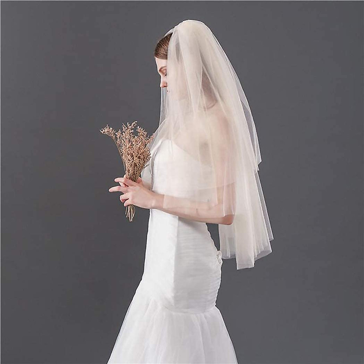 Aularso Lace Wedding Veil with Comb Fingertip Length Bridal Veils Star 2Ties Cut Edge Tulle Veil for Brides (Champagne)