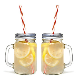 Starfrit 2-Pack Mason Jar Mugs with Reuseable Straws, Clear