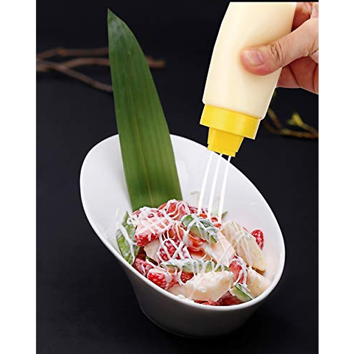 Kakamono 2-pack Porous Squeeze Bottles,Leak Proof Refillable Condiment Container for Kitchen Use,Salad Dressings,top dispensers for ketchup mustard mayo hot sauces olive oil(10 oz)