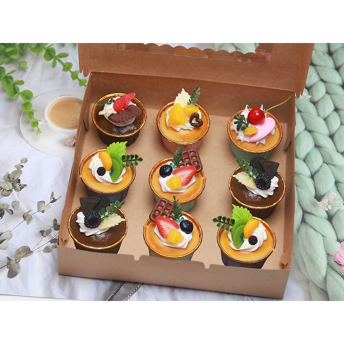 PQZKLDP 10Packs 10x10x2.5 Inches Brown Kraft Cake Boxes with Window, Gift Packing, Bakery Boxes, Dessert, Pastry, Cupcake, Pie Cookies, With Stickers,66 FT Twine(Brown, 10 * 10 * 2.5 Inch)