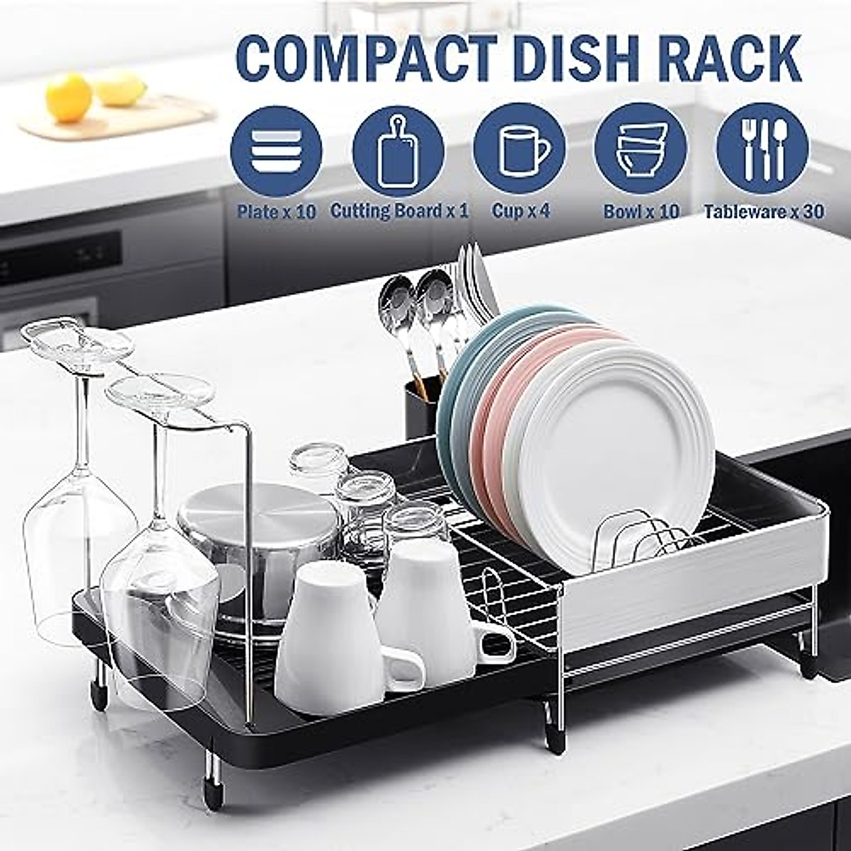 KINGRACK Dish Drying Rack - Extendable Dish Rack - Durable Stainless Steel Dish Drainer for Kitchen Counter with Drainboard Set, Swivel Spout,Utensil Holder