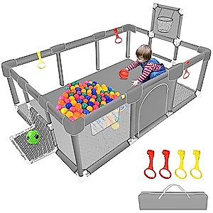 Large Baby Ball Pit Sturdy Play Pen/ Yard W/Basketball Hoop for Babies and Toddlers Children's Fence Play Area, Indoor Outdoor Kids Activity Center, Infant Safety Gates (Grey)