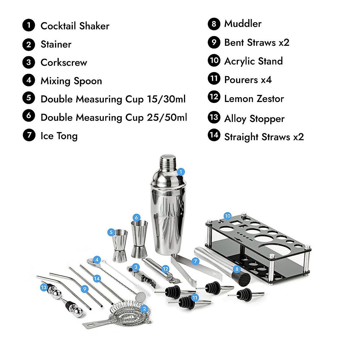 Mixology Bartender Kit, 21-Piece Cocktail Shaker Set Stainless Steel Drink Shaker Bar Set with Acrylic Stand, Perfect Cocktail Set for Drink Mixing, Home, Bar and Parties