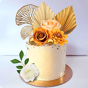 10PCS Boho Cake Topper Flower Cake Topper Gold Palm Leaves Cake Decorations with Artificial Cotton Rose Ginkgo Leaves and Balls for Birthday Party Wedding Baby Shower Boho Themed Party Supplies
