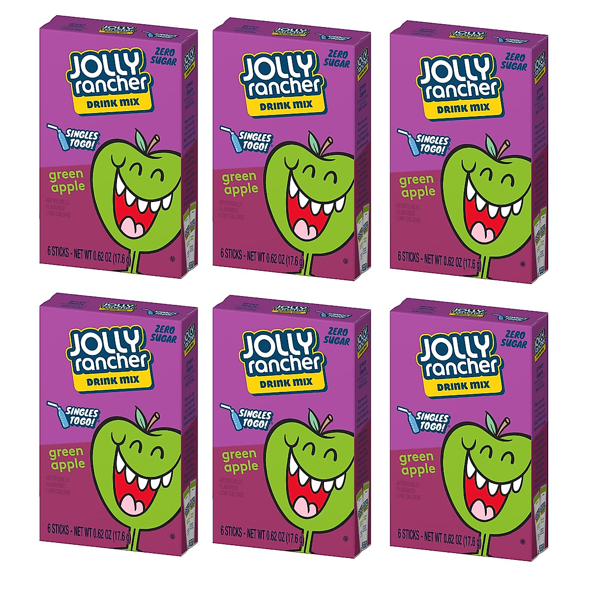 Jolly Rancher SINGLES TO GO! Green Apple, 6 boxes with 6 packets each - 36 total servings