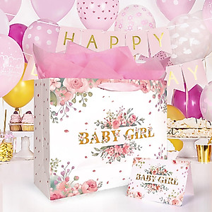 13'' Large Pink Floral Gift Bag for Baby Girl - Includes Wrapping Paper, Pink Tissue Paper, and Card for Newborn Gifts, Showers, Birthdays, and Celebrations