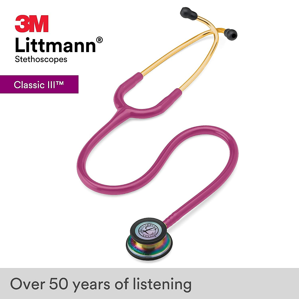 3M 5806 Littmann Classic III Rainbow-Finish Monitoring Stethoscope with Black Identification Tag, 27" Raspberry Tube