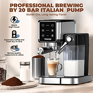 TENKER Espresso Machine 20 Bar, Cappuccino Machine with Automatic Milk Frother, Latte Machine in Stainless Steel Design, 1350W Touchscreen Coffee Maker for Home and Office (Silver)