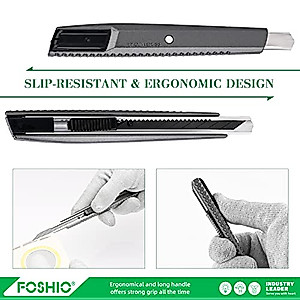 FOSHIO Utility Knife Retractable with 10PCS Snap Off Blades, Stainless Steel Shell with Non-Slip Handle Box Cutter for Cardboard, Boxes and Cartons