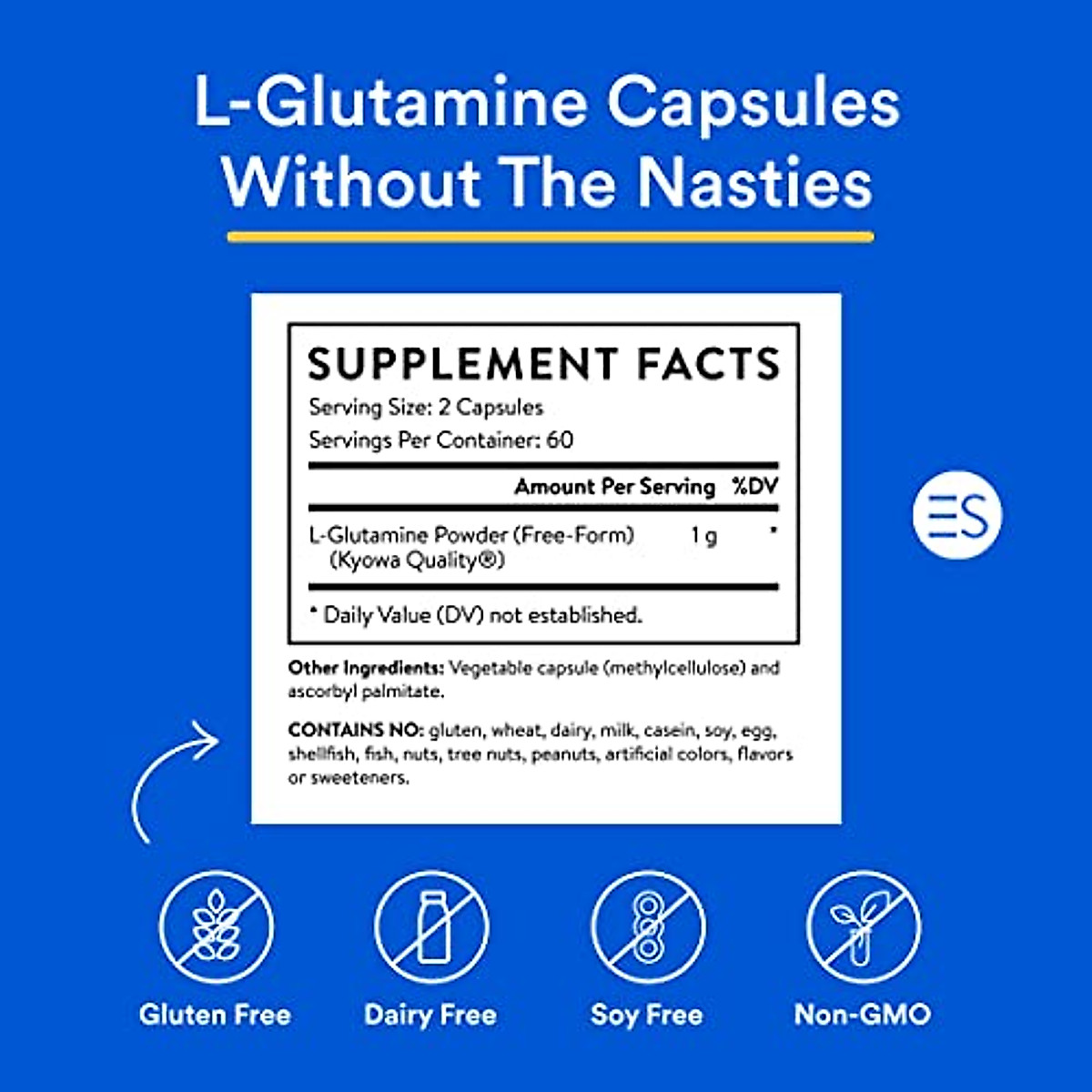 Essential Stacks Gut L-Glutamine Capsules 1000mg (Made in USA) - Gluten, Dairy & Soy Free, Non-GMO L Glutamine for Gut Health - 60 Serves (120 Caps)