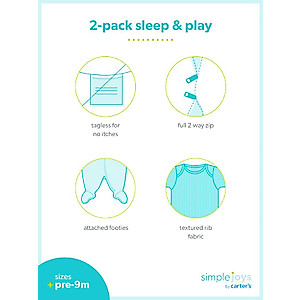 Simple Joys by Carter's Baby Boys' 2-Way Zip Thermal Footed Sleep and Play, Pack of 2, Dusty Blue Bear/Ivory Dinosaur, 3-6 Months