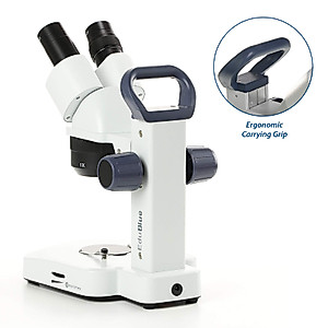 EduBlue Binocular Stereo Microscope 1x/2x/4x revolving Objective, 10x/20x/40x Magnification, Rack and Pinion Stand, Incident and transmitted LED Cordless Illumination