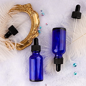 Comrzor 24 Pack 1oz Cobalt Blue Glass Bottles with Glass Eye Droppers for Essential Oils, Perfumes & Lab Chemicals (Brush, Funnels, 2 Extra Droppers, 36 Pieces Labels & 30ml Measuring Cup Included)