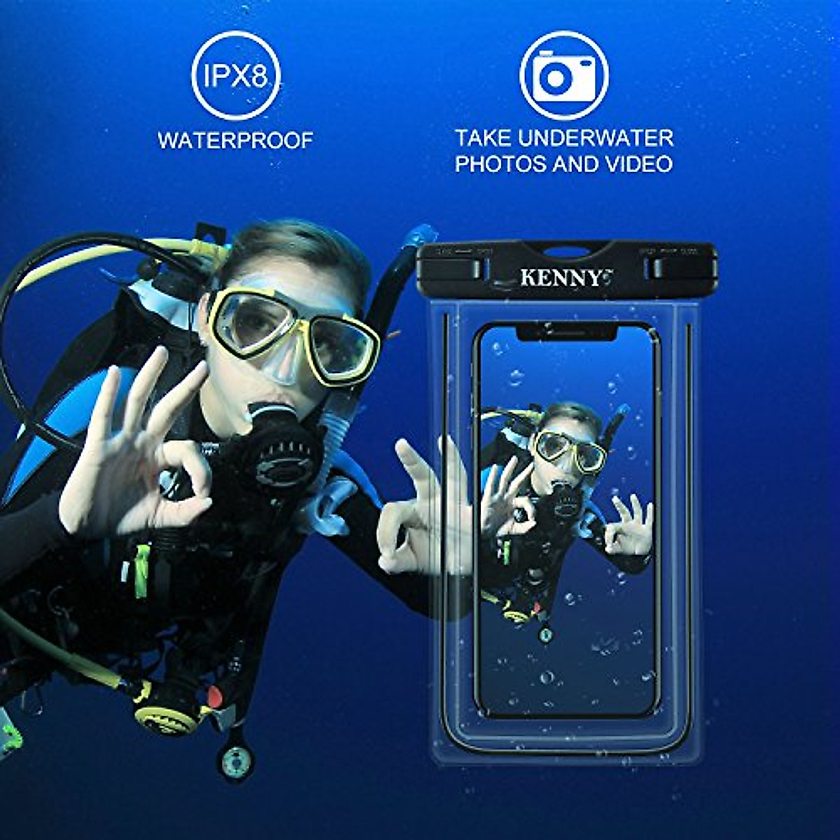 Universal Luminous Waterproof Case,Kenny Cell Phone Dry Bag Pouch,Waterproof Cell Phone Pocket with Neck Strap, for Smartphone up to 6 inches for Swimming,Diving and Surfing (Orange and Black)