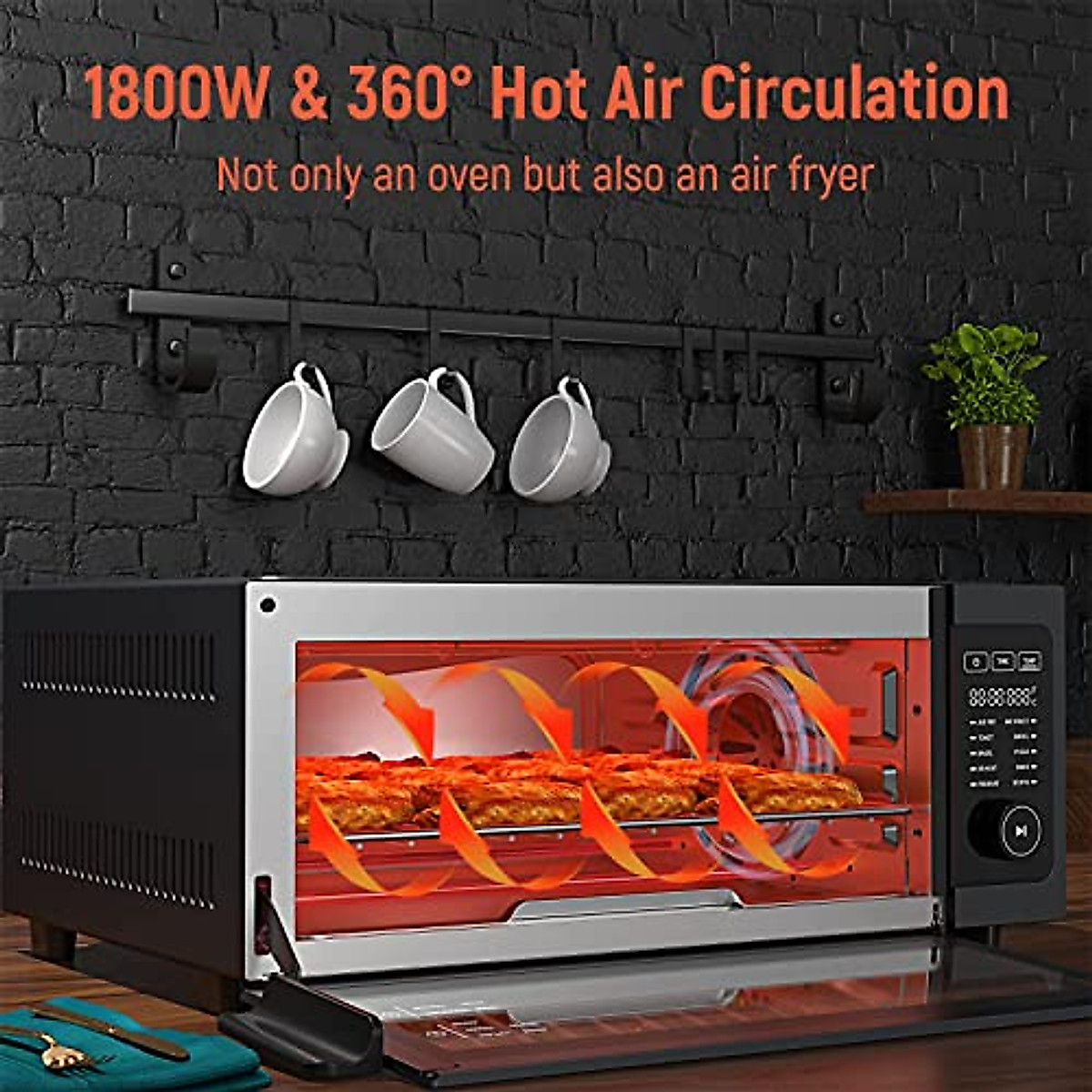 Air Fryer Toaster Oven Combo, Fabuletta 10-in-1 Countertop Convection Oven, Oil-Less Air Fryer Oven Fit 13" Pizza, 9 Slices Toast, 5 Accessories, 1800W, Dehydrate, Reheat, Bake (Black)