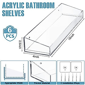 Reginary 6 Pack Acrylic Bathroom Shelves Clear Acrylic Floating Wall Mounted Display Shelves Non Drilling Thick Shelving for Shower Sponge Kitchen Storage Rack with 12 Adhesive 12 Screws