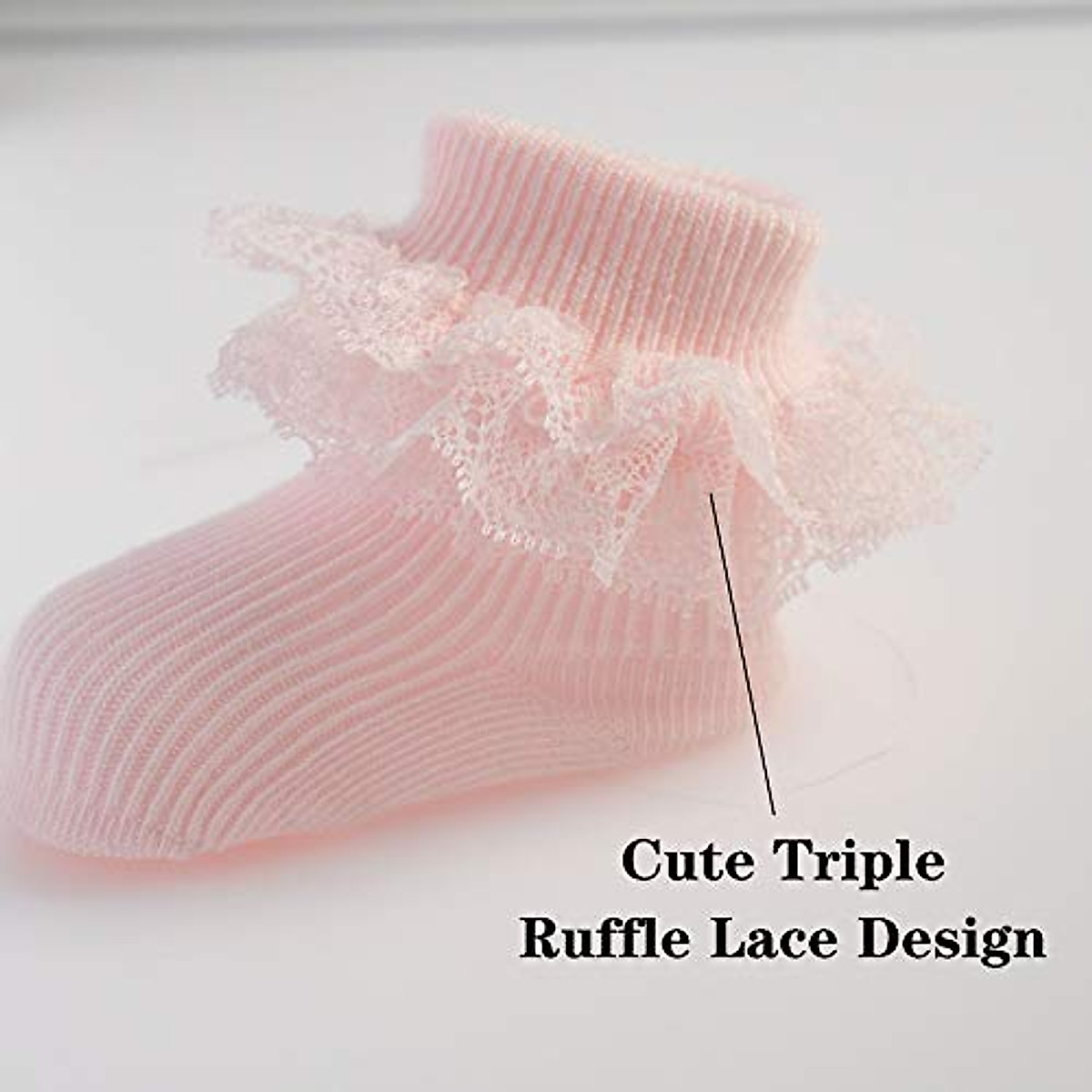 Mini angel Baby Lace Socks Newborn Girls Triple Lace Ruffle Frilly Socks Soft Cotton Turn Cuff Socks with Box Gift Set,3 Pairs,White/Pink,0-6 Months