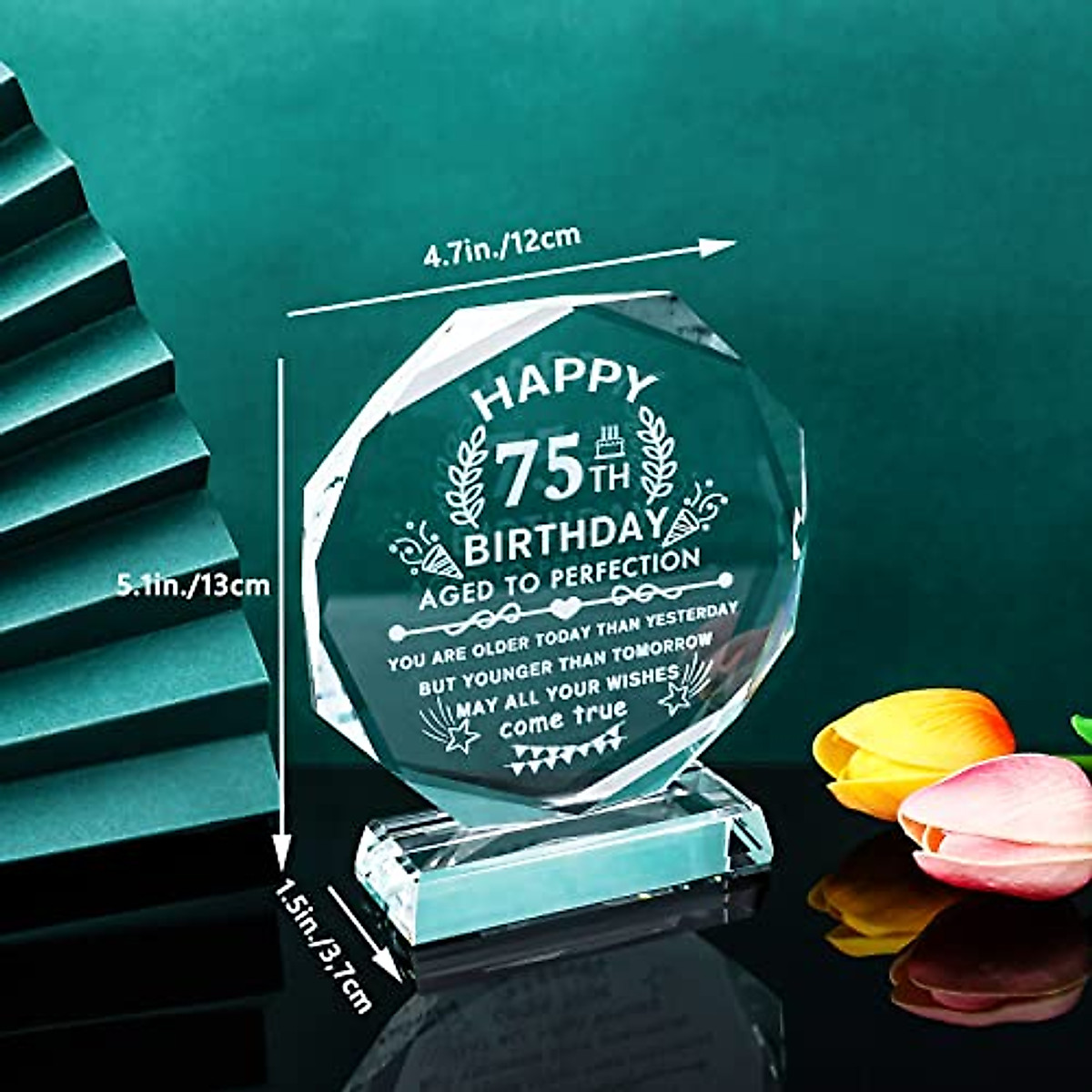 YWHL 75th Birthday Gifts for Women Men Unique 75 Years Old Happy Birthday Gifts for Grandparents Friends Laser Engraving 75th Birthday Glass Plaque Keepsake for Parents Aged to Perfection