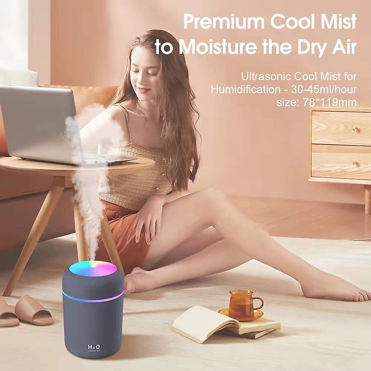 Mini Humidifiers, Cool Mist Humidifier USB Personal Desktop Humidifier with Colorful Night Light, Auto Shut-Off, 2 Mist Modes, Super Quiet (navy)