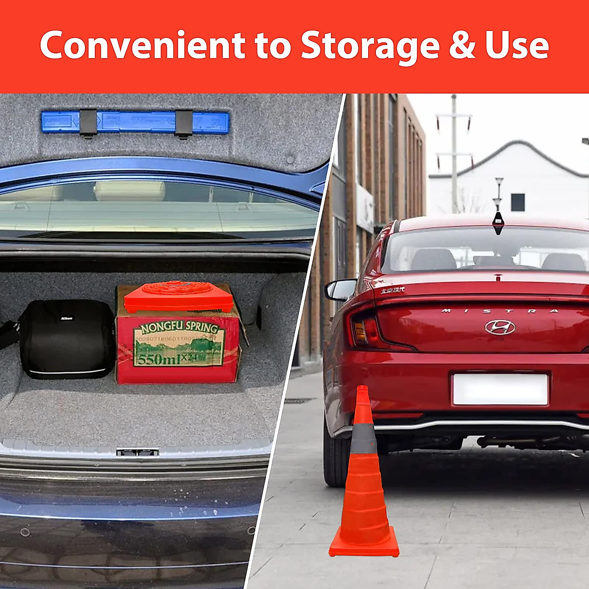 4 Pack Collapsible Traffic Cones, 28 Inch Road Parking Orange Safety Cones, Multi-Purpose Construction Cones with Reflective Strips and Stable Base, Perfect for Driving Training & Remind People