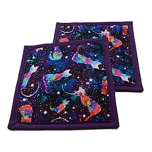 Colorful Cats in Space Pot Holders - Set of 2-8 Inch Square Cotton Fabric in Blue, Purple and White