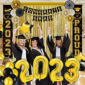 2023 Graduation Party Decorations, Black & Gold Graduation Decor Kits Include Banners and Balloons, Ideal Congrats Grad Decorations For High School, College