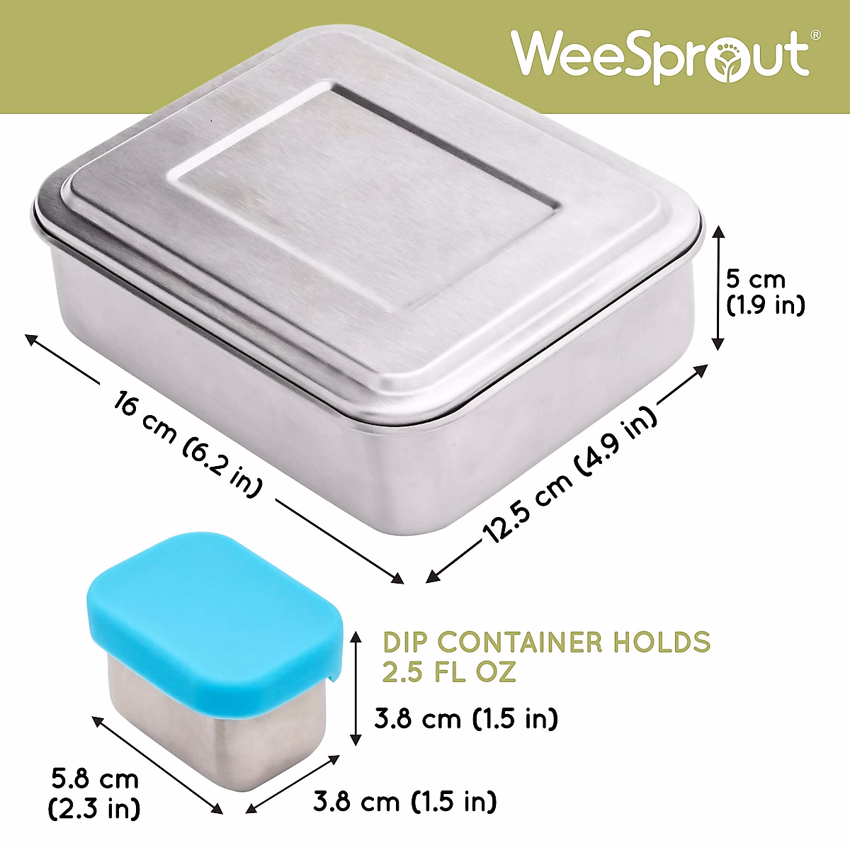 WeeSprout 18/8 Stainless Steel Bento Box (Large) - 3 Compartment Metal Lunch Box, Skid-proof Silicone, for Kids & Adults, Bonus Dip Container, Fits in Lunch & Work Bags, Dishwasher & Freezer Friendly