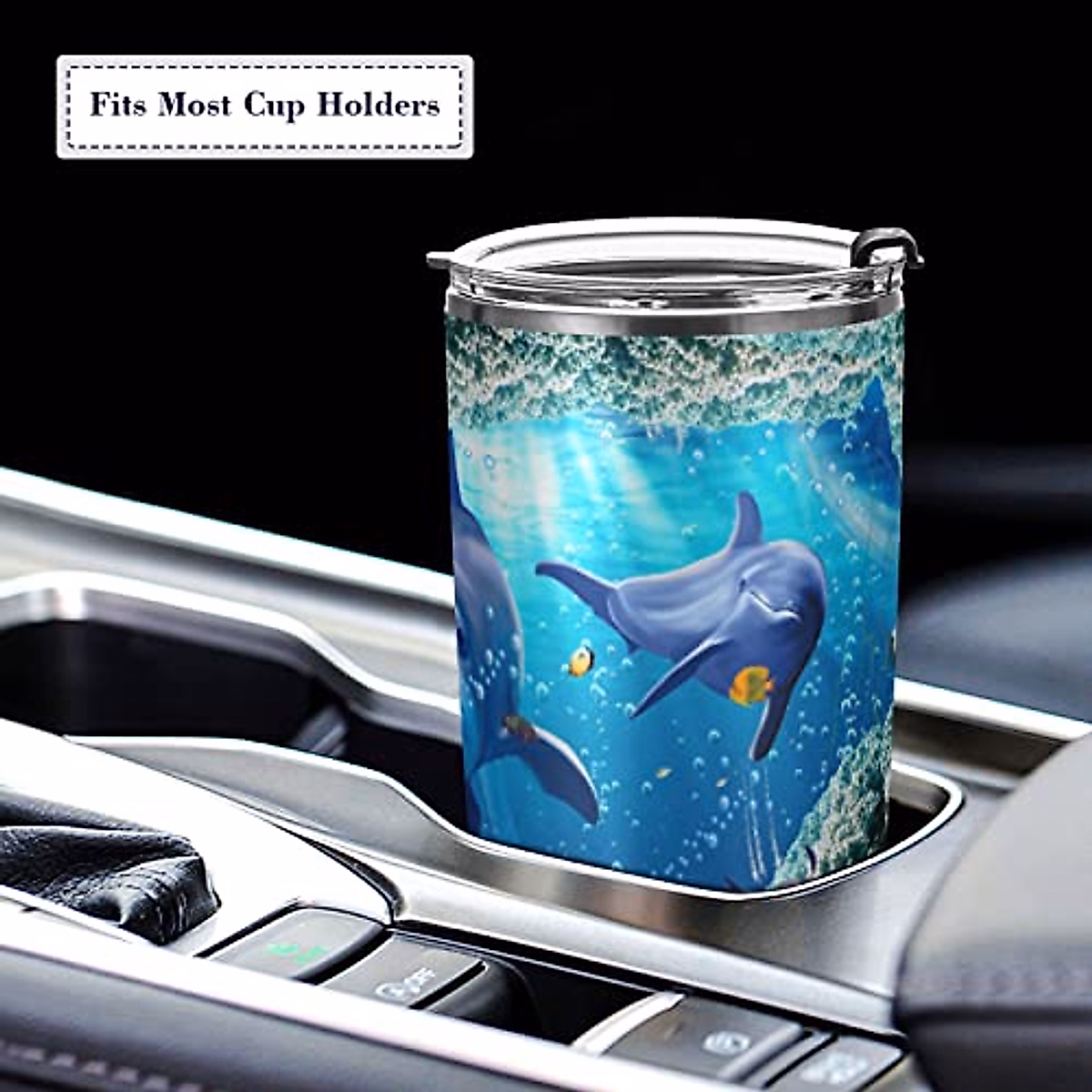 ALAZA 3D Dolphin Ocean Insulated Travel Tumbler Mug with Lid & Straw Double Wall Vacuum Water Bottle Car Cup Stainless Steel, Hot and Cold Thermos, 20oz