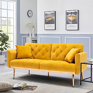 63“Accent Sofa, Mid Century Modern Velvet Fabric Couch,Convertible Futon Sofa Bed,Recliner Couch Accent Sofa Loveseat Sofa with Gold Metal Feet (Mango Color)