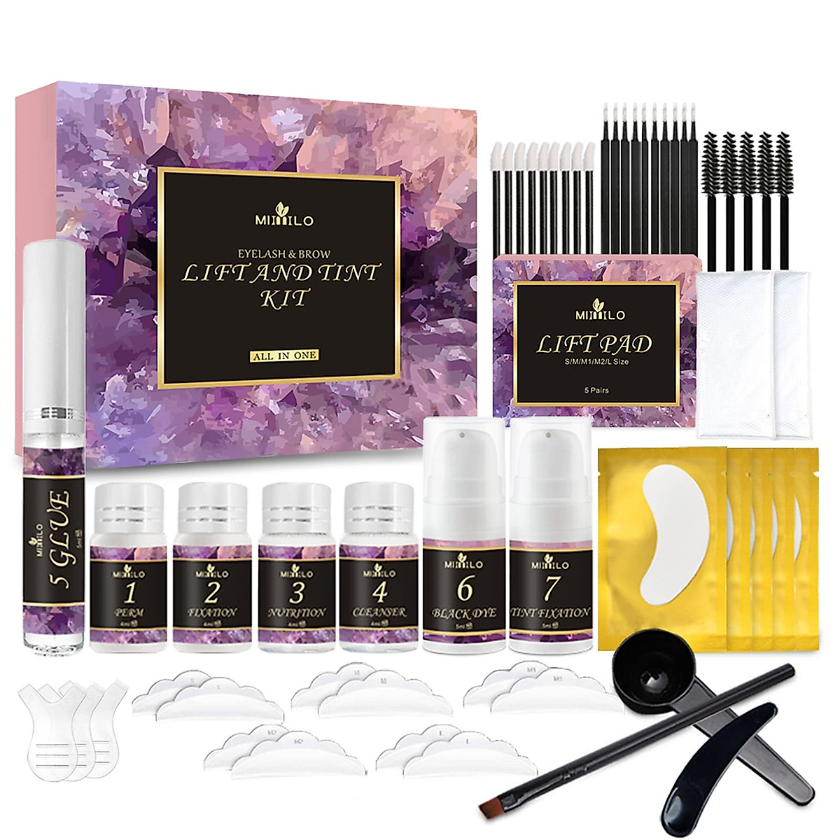 4 in 1 Lash & Brow Lift and Coloring Kit, Professional Eyelash Perm Kit and Brow Lamination Kit, Eyelash & Eyebrow Makeup Set, Long Lasting for 8 Weeks, Suitable for Salon & Home Use DIY (Black)
