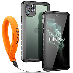 inkolelo iPhone 11 Pro Max Waterproof Case, Built-in Screen Full-Body Protector with Floating Strap IP68 Waterproof Case for iPhone 11 Pro Max 6.5 inch Case (2019) - Matte Black/Orange