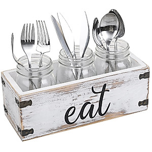 MyGift Shabby Whitewashed Wood Silverware Organizer Holder Set Includes 3 Mason Jars and Display Box with"eat" Cursive Writing Label