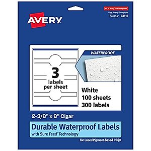 Avery Durable Waterproof Cigar Labels with Sure Feed, 2-3/8" x 8", 300 Oil and Tear-Resistant Waterproof Labels, Laser/Pigment-Based Inkjet Printable Labels