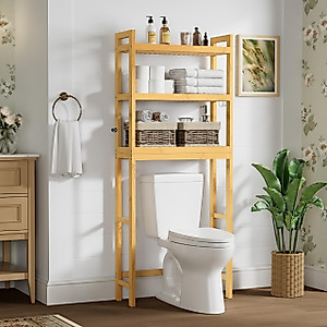 Smiry Over The Toilet Storage, Bamboo 3-Tier Over Toilet Bathroom Organizer with Adjustable Shelf, Fit Most Toilets, Space Saving, Stable Freestanding Storage Cabinet with 4 Hooks, Natural