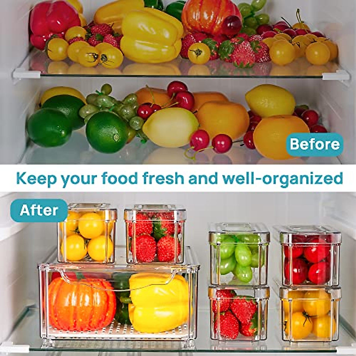 Vtopmart Set of 7 Fridge Organizer, Stackable Fruit Storage Containers for Fridge, Fridge Organizers and Storage Clear with lids, BPA-Free Refrigerator Organizer Bins with Drain Tray for Vegetables, Fruits, Food, Drinks
