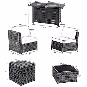 Tangkula 9 Pieces Patio Rattan Furniture Set, Patiojoy Sectional Sofa Set w/Fire Pit Table, Storage Box, Coffee Table, Outdoor Wicker Conversation Set w/ 42” Propane Fire Pit Table (Grey)