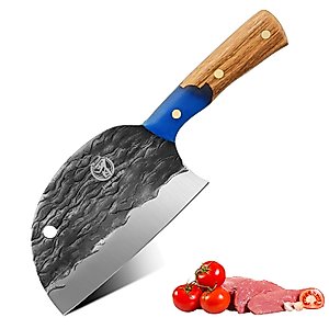 ZENG JIA DAO Forged Serbian Chefs Knife, 7'' Cleaver Knife HC Steel Butcher Knife Ergonomic Pakka Wood Blue Resin Handle for Kitchen/Restaurant/Slaughter House 2024 Gift