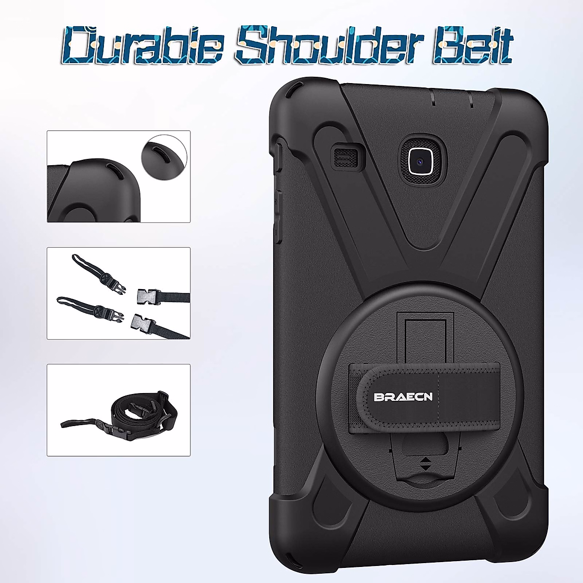 BRAECNstock Samsung Galaxy Tab E 8.0 Case (SM-T375/T377/T378),Shockproof Durable Protective Cover with 360° Kickstand&Hand Strap,Shoulder Strap,Kids Tablet Case for Galaxy SM-T377A/T377V/T378V,Black