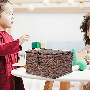 Cabilock Home Storage Basket 3 pieces Woven Basket Seagrass wicker basket with lid Decorative Storage Boxes With Lids Basket With Lid Rattan Storage Basket Rattan Storage Basket