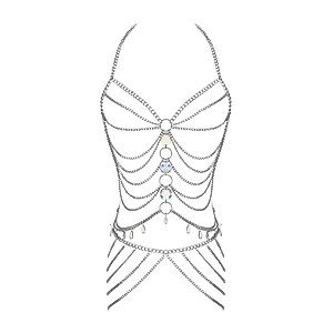 Connie Cloris Women's Sexy Body Chain Suit Fashion Halter Bra Chain Body Jewelry (206-D-Silver color)