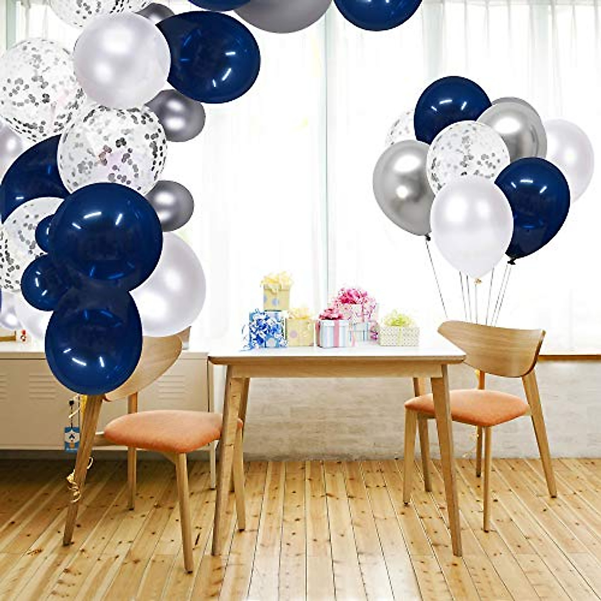 Navy Blue and Silver Confetti Balloons 50 pcs, 12 inch White Pearl and Silver Metallic Chrome Party Balloons for 2022 Graduation Party Decorations