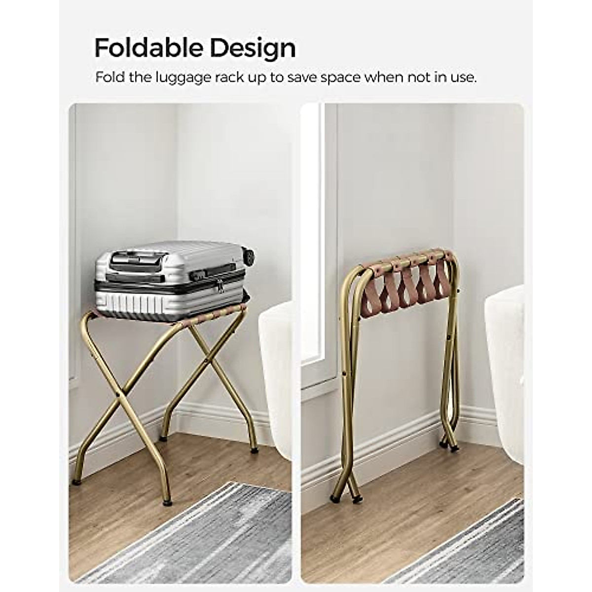SONGMICS Luggage Rack, Luggage Rack for Guest Room, Suitcase Stand, Steel Frame, Foldable, for Bedroom, Golden URLR064A01