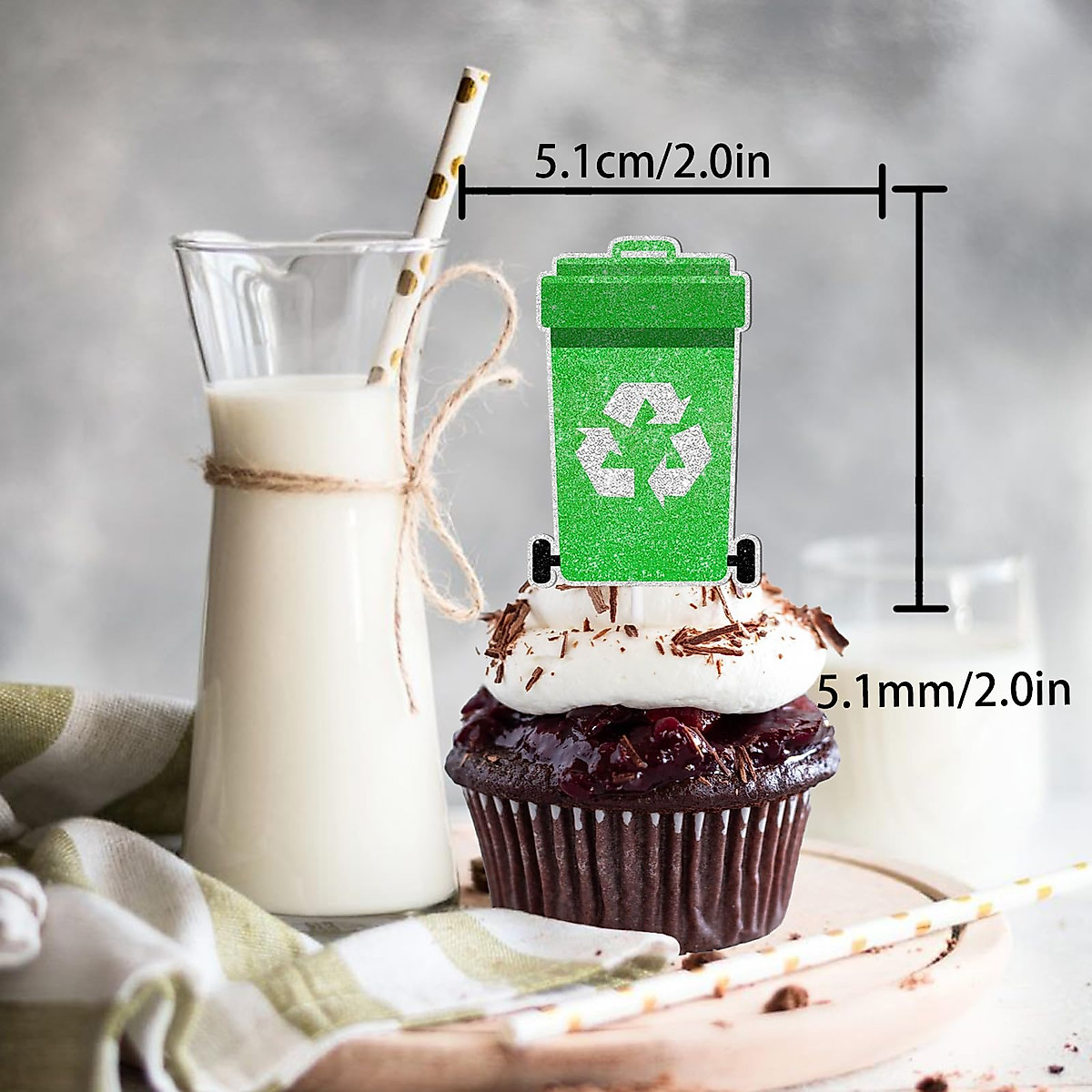 18pcs Green Glitter Dessert Cupcake Topper Garbage Truck Trash Cans Truck Waste Management Recycling Theme Decorations Boy Girl Happy Birthday Party Decor Supplies