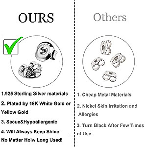 12PCS Real 925 Silver Earring Backs Replacements, 18K White Gold Plated Hypoallergenic Earring Backs for Studs, Secure Ear Locking for Stud Earrings Ear Nut for Posts, 6mm